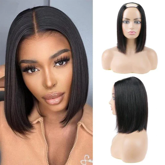 U Part Bob Wigs Human Hair For Women Remy Hair Clip in Short Straight ...